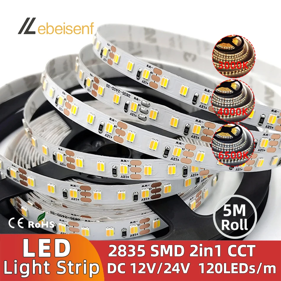 2 in 1 Dual Color 2835 SMD CCT LED Strip 12V 24V 120LEDs/M Non Waterproof Flexible Lamp Bar 5m ...