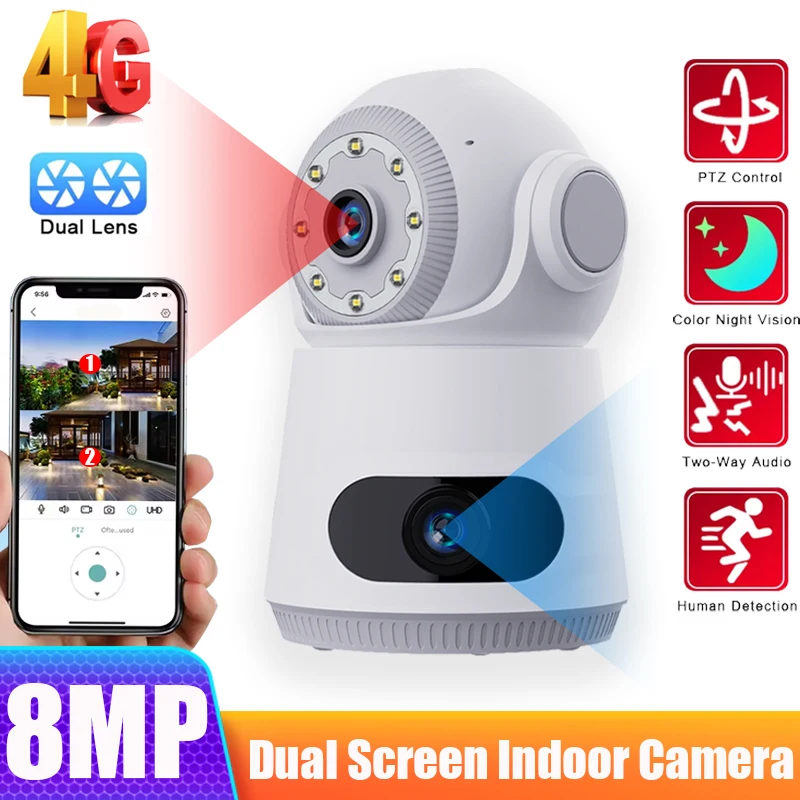 8MP 4K Dual Lens Camera 4G SIM Card Indoor Smart Home Webcam Color ...