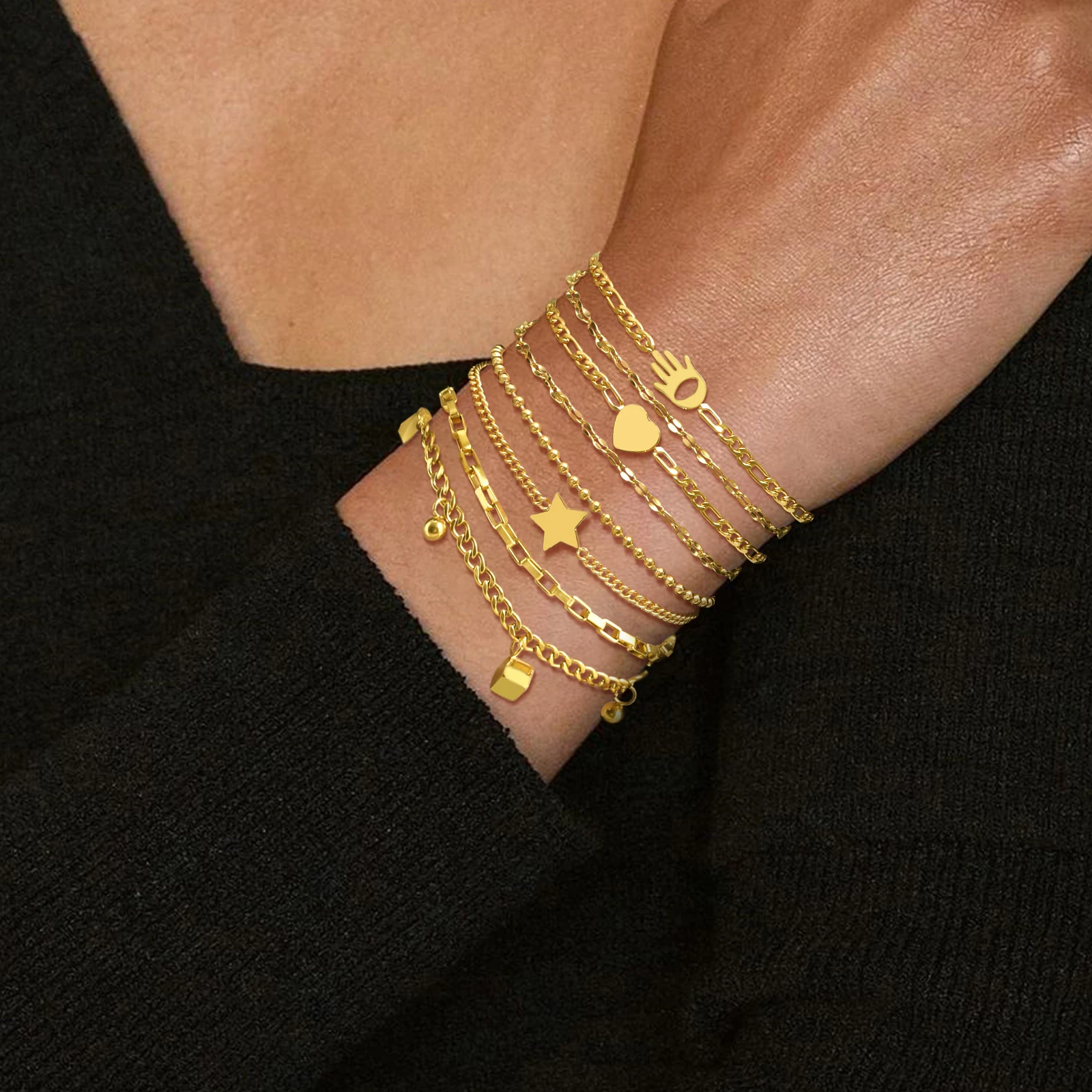 Women-s-Trendy-Round-Chain-Bracelet-Gold-Color-Heart-Double-Layers ...