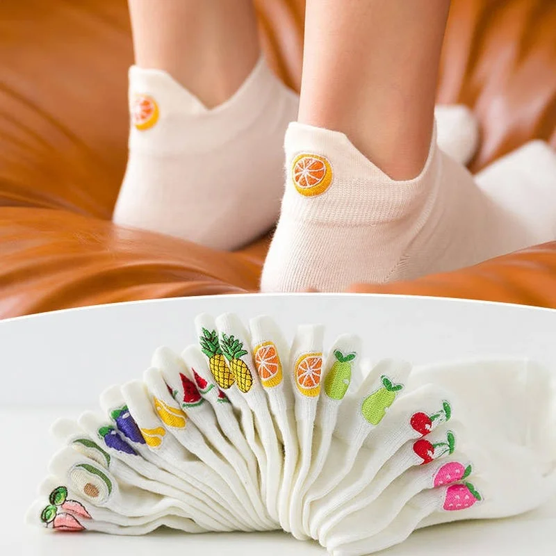 Casual-Solid-White-Socks-Women-Embroidery-Fruits-Avocado-Strawberry-Watermelon-Banana-Short ...