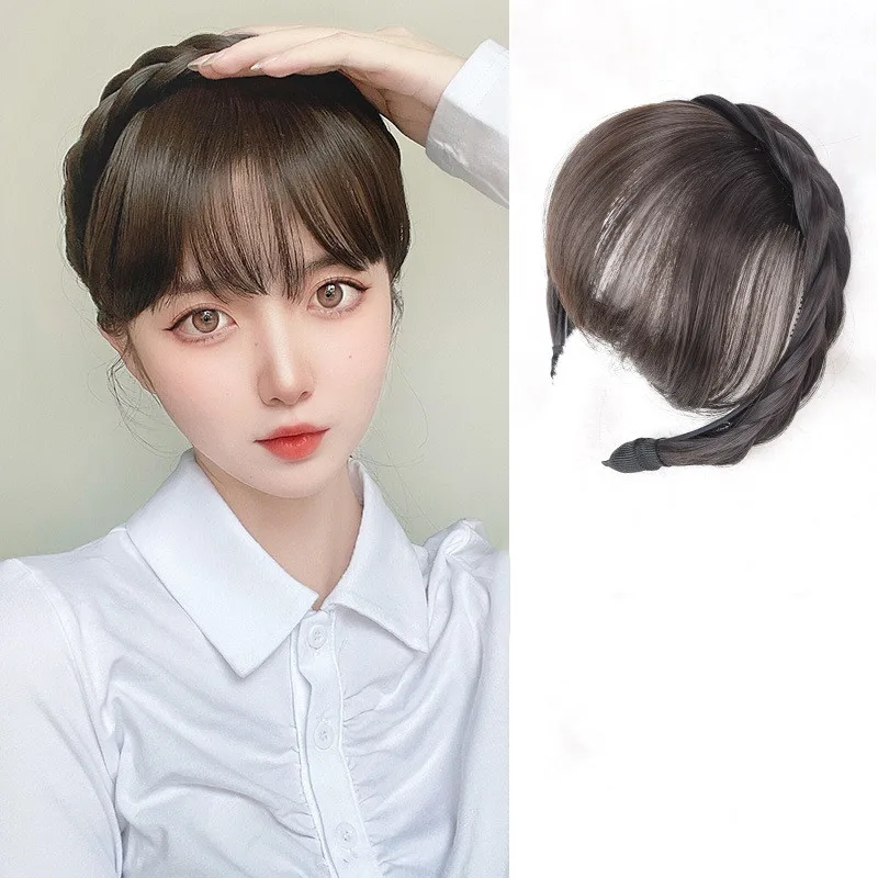 여아용 가발 앞머리 가짜 합성 앞머리 깔끔한 프린지 밴드 이중 줄 브레이드 새로운 헤드웨어 액세서리 보이지 않는 자연
