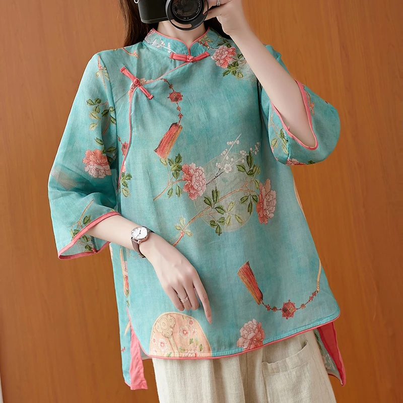 New Woman Traditional Chinese Clothing Top Retro Flower Print Hanfu Top ...