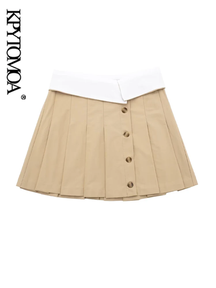 Kpytomoa Women Fashion Patchwork Pleated Mini Skirt Vintage High Waist Front Button Female
