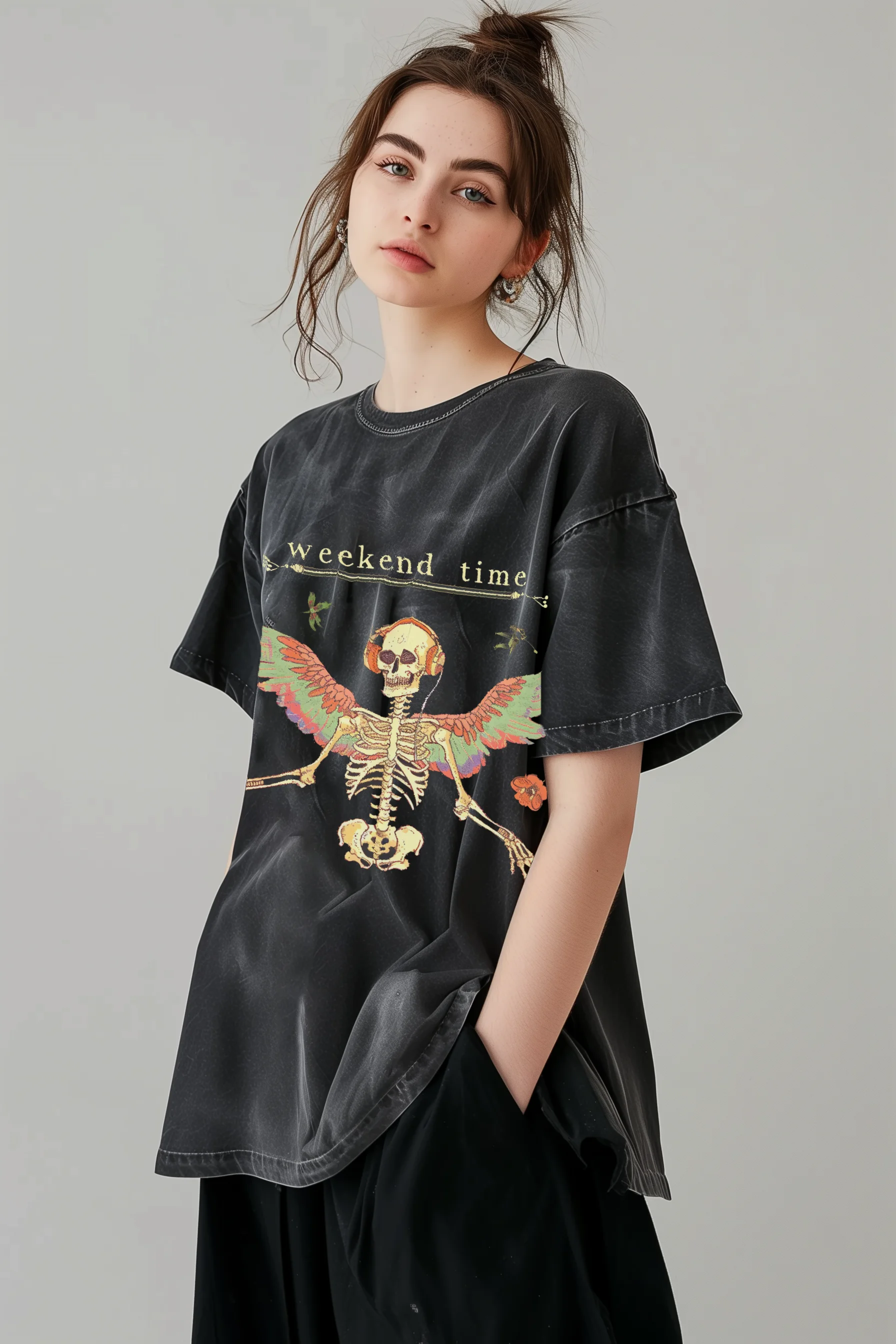 Cartoon-Skeleton-Weekend-Time-Earphone-Y2K-Washed-Tshirt-Hiphop-Top ...