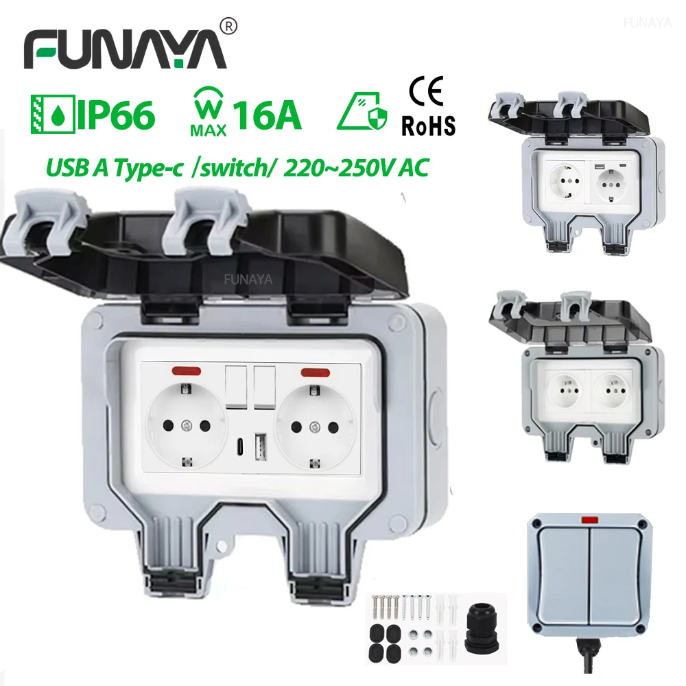 IP66 16A Waterproof Outdoor Wall Sockets EU French KR Dua Outlets with ...