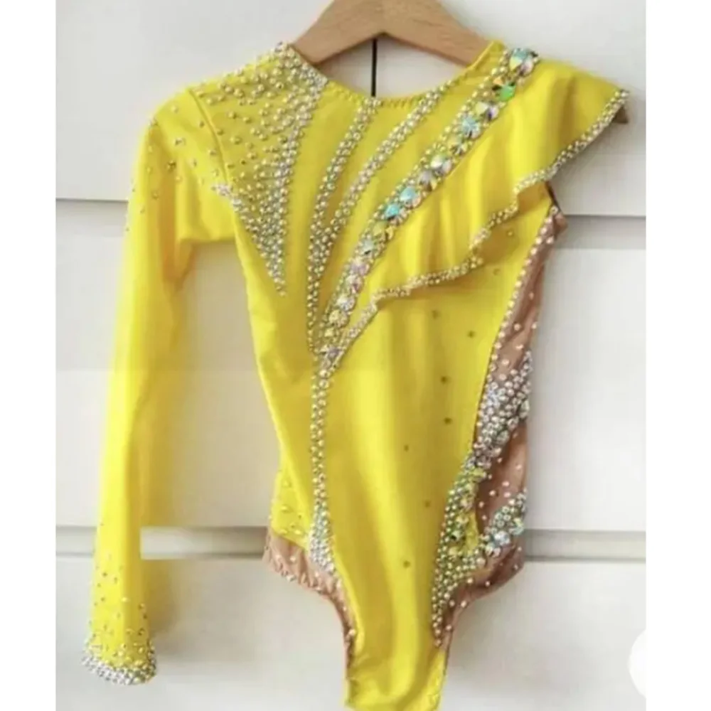 Custom-Made-Yellow-Single-Sleeve-Rhythmic-Gymnastics-Jumpsuit-One-Sleeve-Outfits-Crystal ...