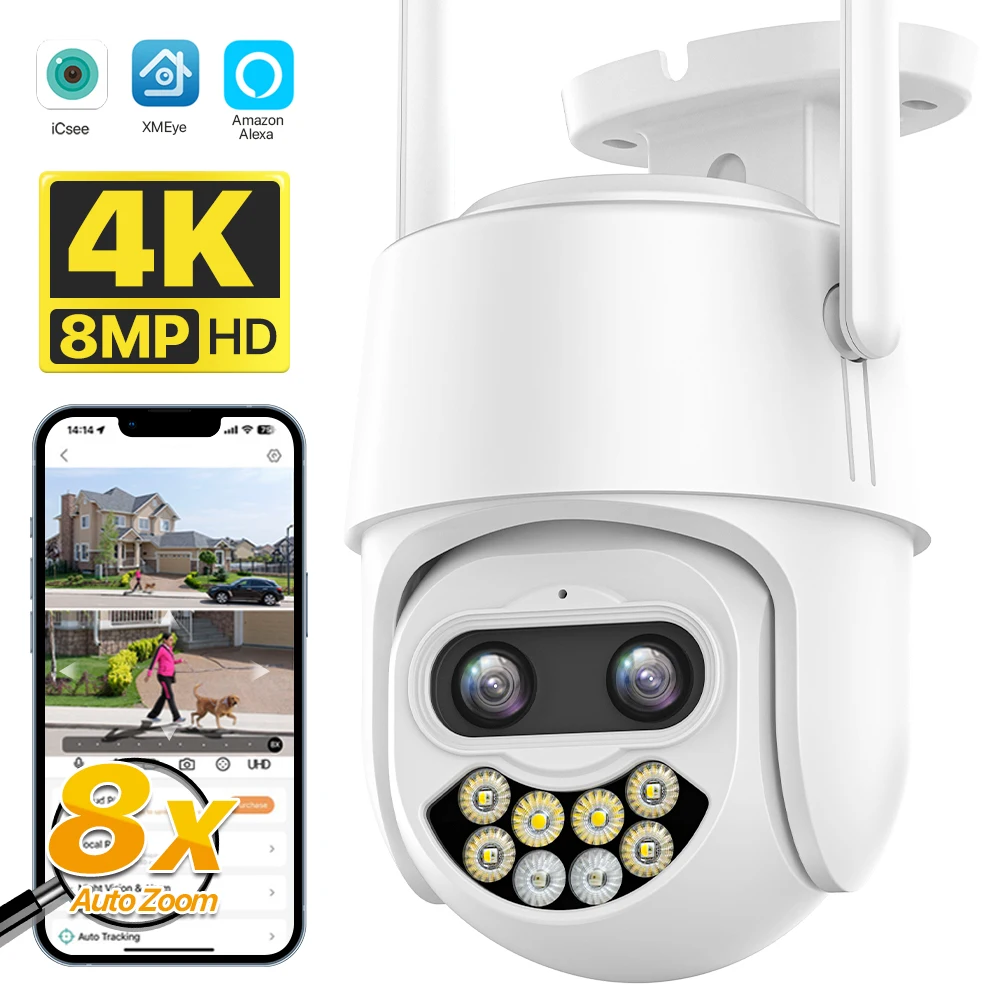 4K 8MP Dual Lens Wifi IP Camera 8X Zoom Outdoor PTZ Camera Auto ...
