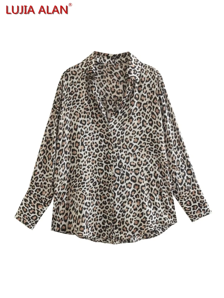 Chemises de base en satin imprimé léopard pour femmes, col coloré ...