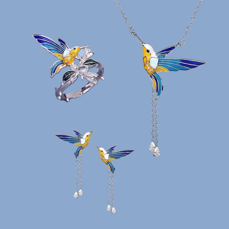 Creative Handmade Enamel Three-piece Set For Women's Hummingbird Ring ...