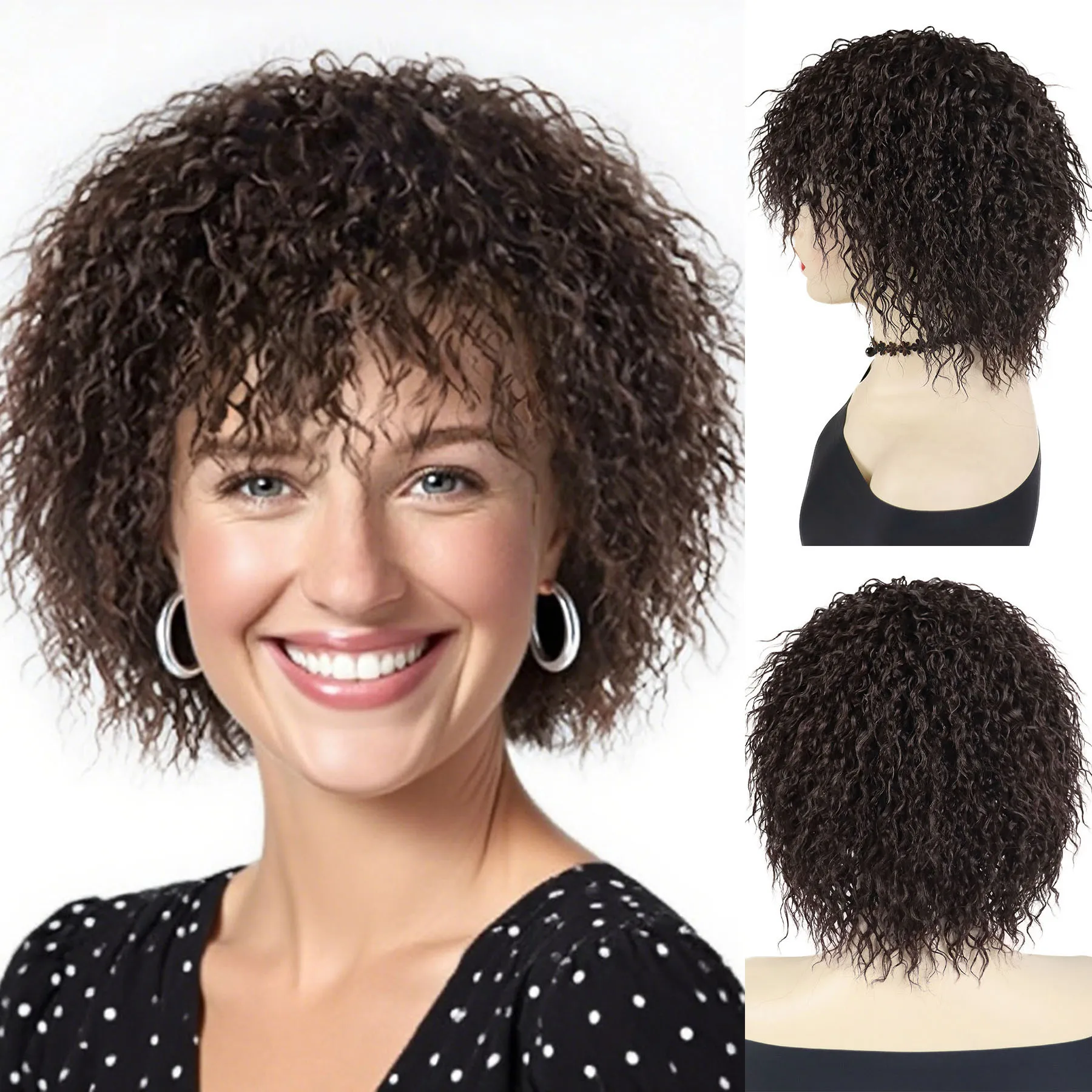Synthetic Realistic Big Curly Dark Brown Wigs for Women Fluffy Elastic ...