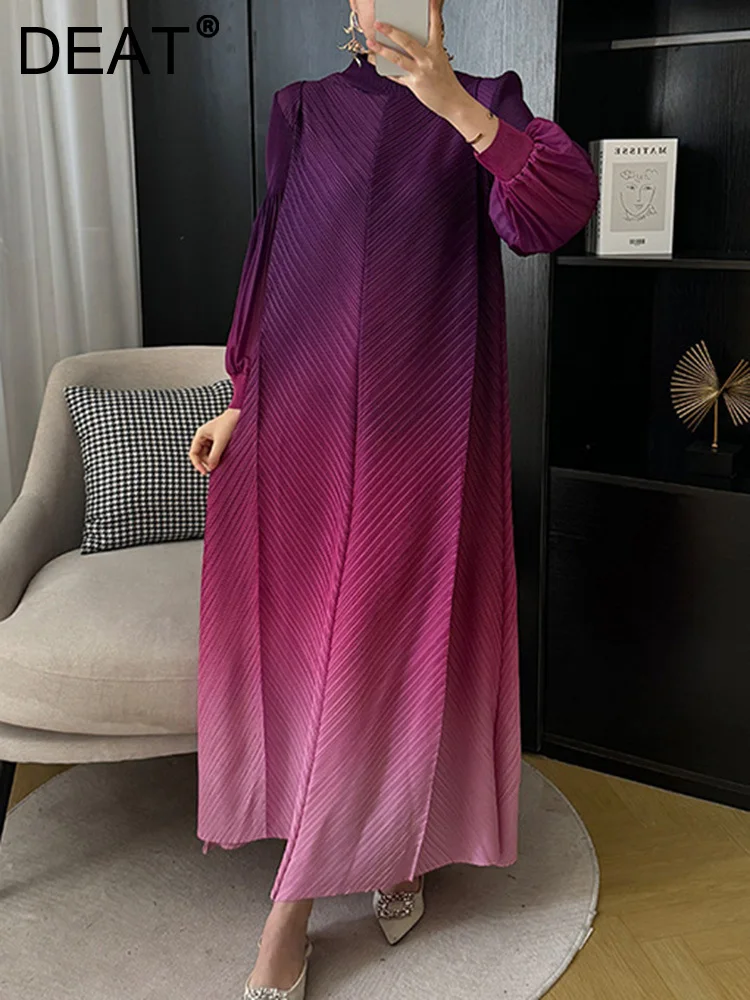 DEAT-Pleated-Gradient-Color-Dress-For-Women-2024-Spring-Long-Sleeve ...