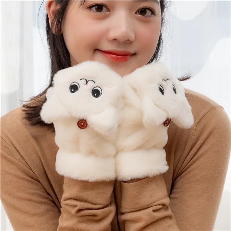 Cute-Rabbit-Fur-Knit-Mittens-Plush-Fingerless-Gloves-Flip-Half-Finger ...
