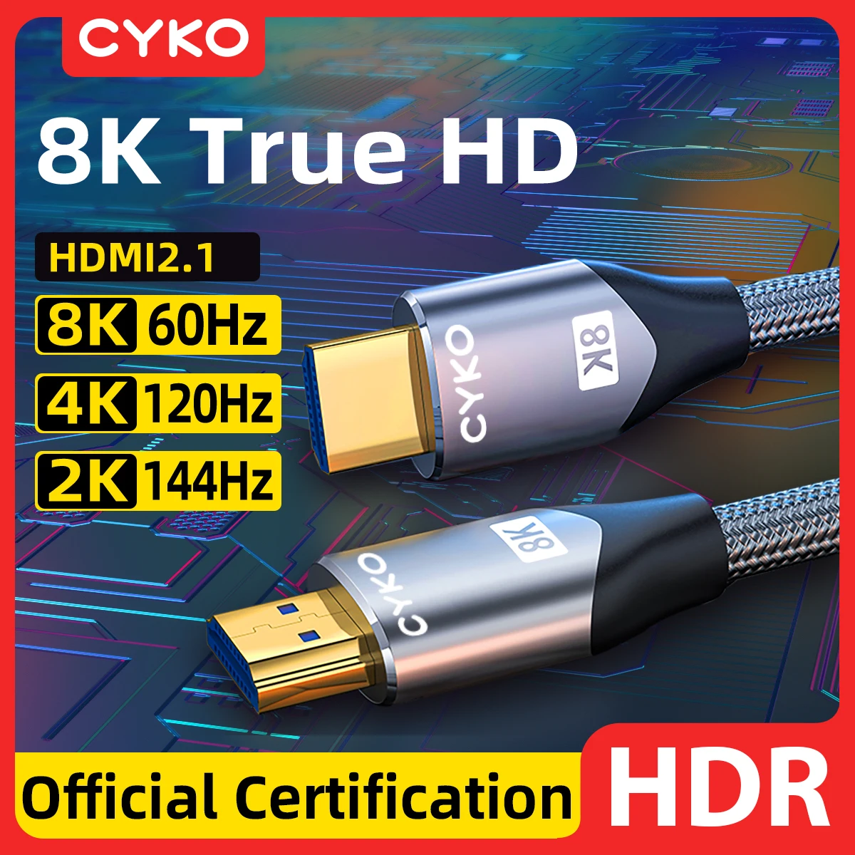 CYKO-Cable HDMI2.1 de alta velocidad, 8K @ 60Hz, 4K @ 144Hz, HDMI, HDR, eARC, para HD, Samsung ...