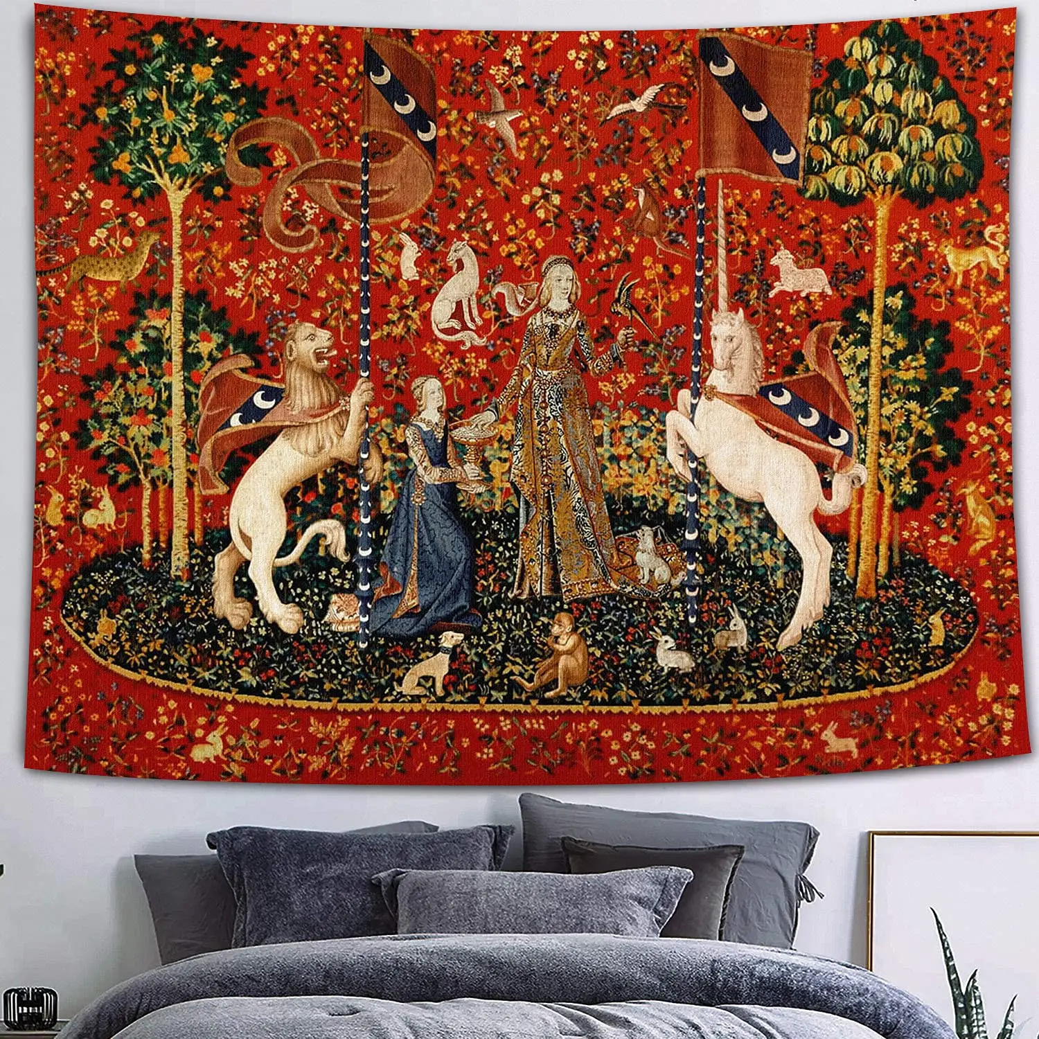 Medieval-Lady-Tapestry-Vintage-European-Royal-Floral-Red-Tapestries ...