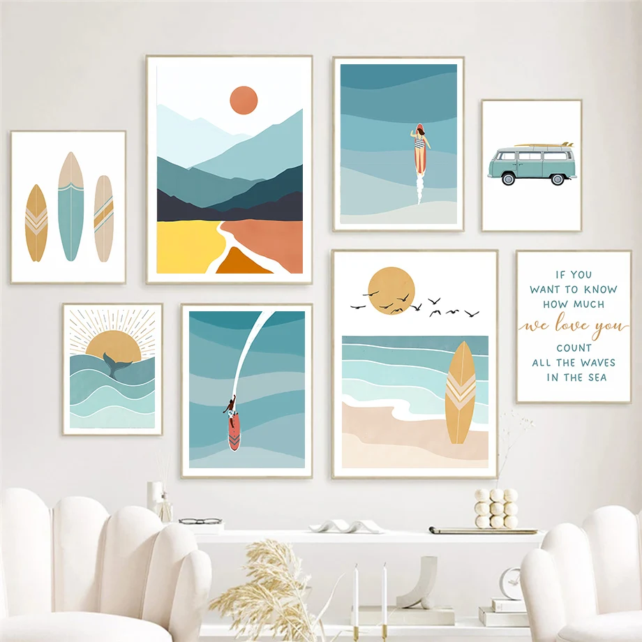 Abstract-minimalist-Sea-Beach-Surfboard-Mountain-Posters-And-Prints ...