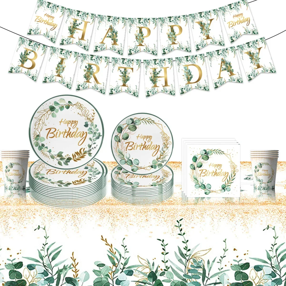 Green-Eucalyptus-Leaf-Theme-Disposable-Tableware-Happy-Birthday-Party ...