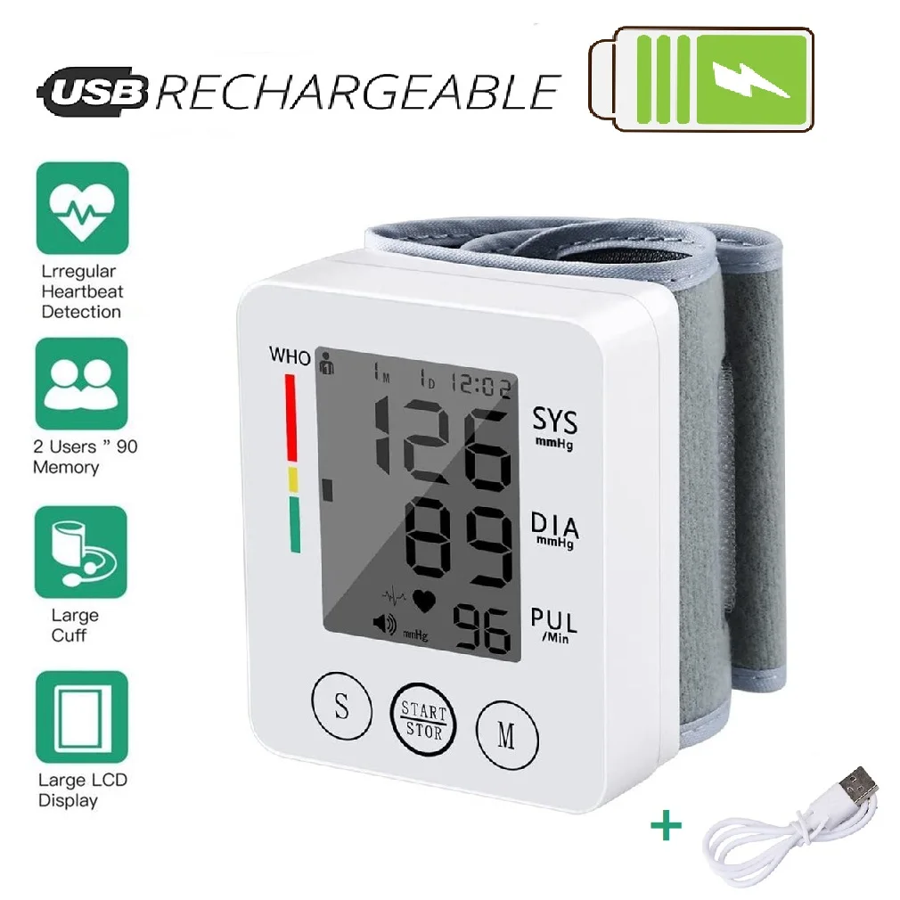 Monitor de presión arterial de muñeca recargable, tensiómetro, pulsómetro Digital automático ...