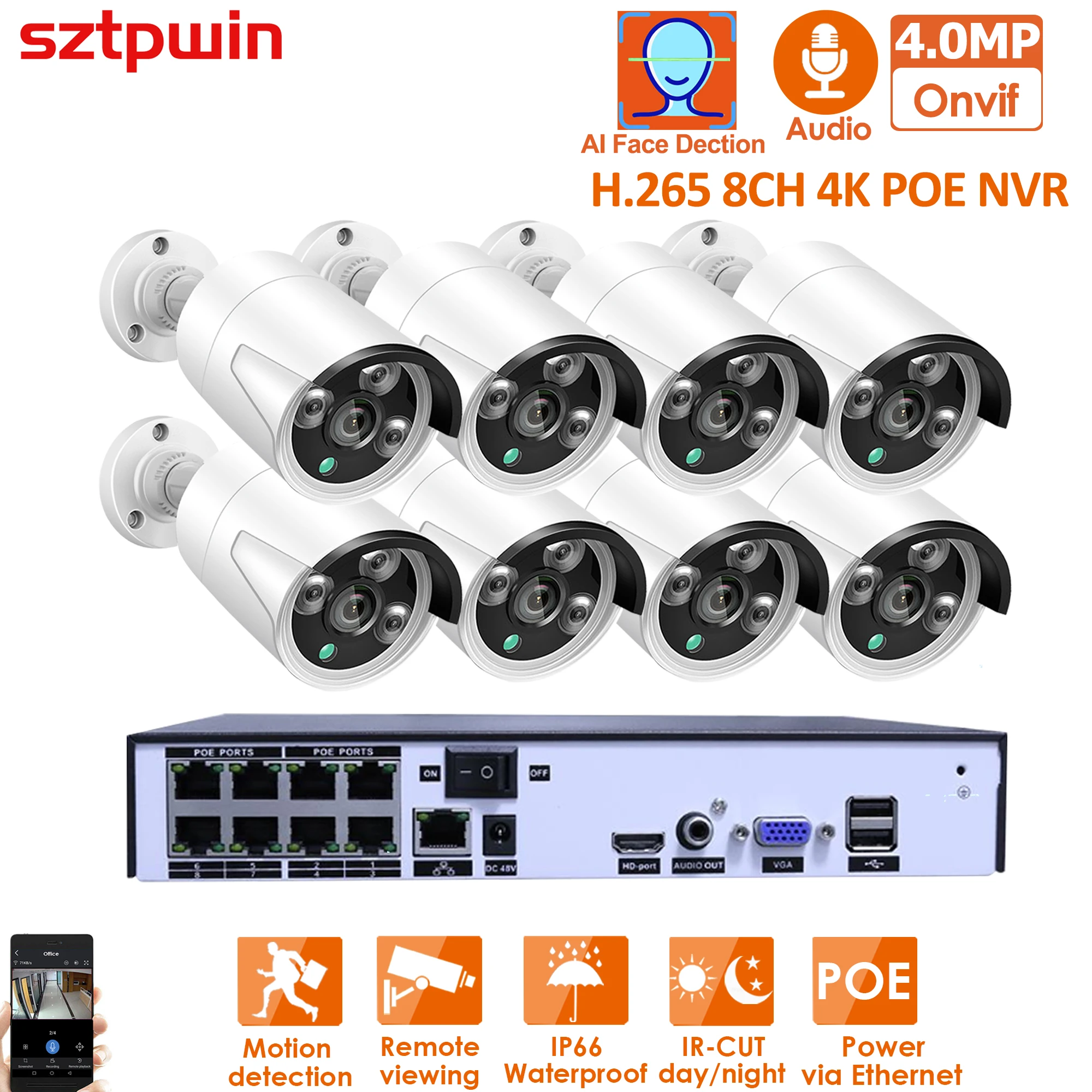 H.265+ 8CH Onvfi 4.0MP POE NVR Kit CCTV System 4MP Audio IP Camera Face ...