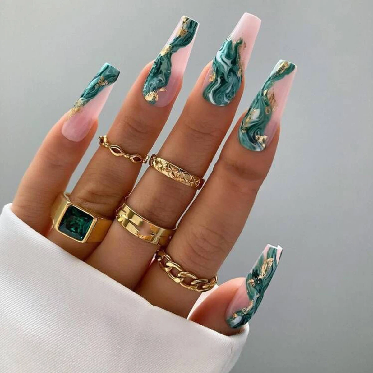 24pcs-Long-Ballet-False-Nails-French-Coffin-Tips-Green-Gold-Foil ...