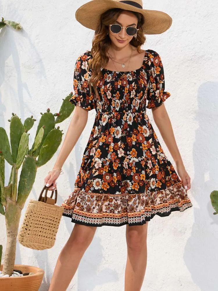 Boho Beach Mini Dress Women Summer Vintage Floral Print Ruffle Dress ...