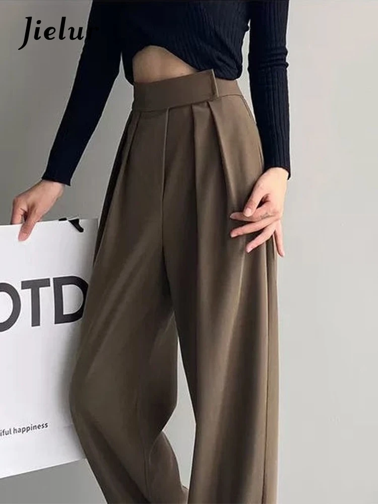 Jielur Brown Wide Leg Women Classic Suit Pants Vintage Palazzo Office ...