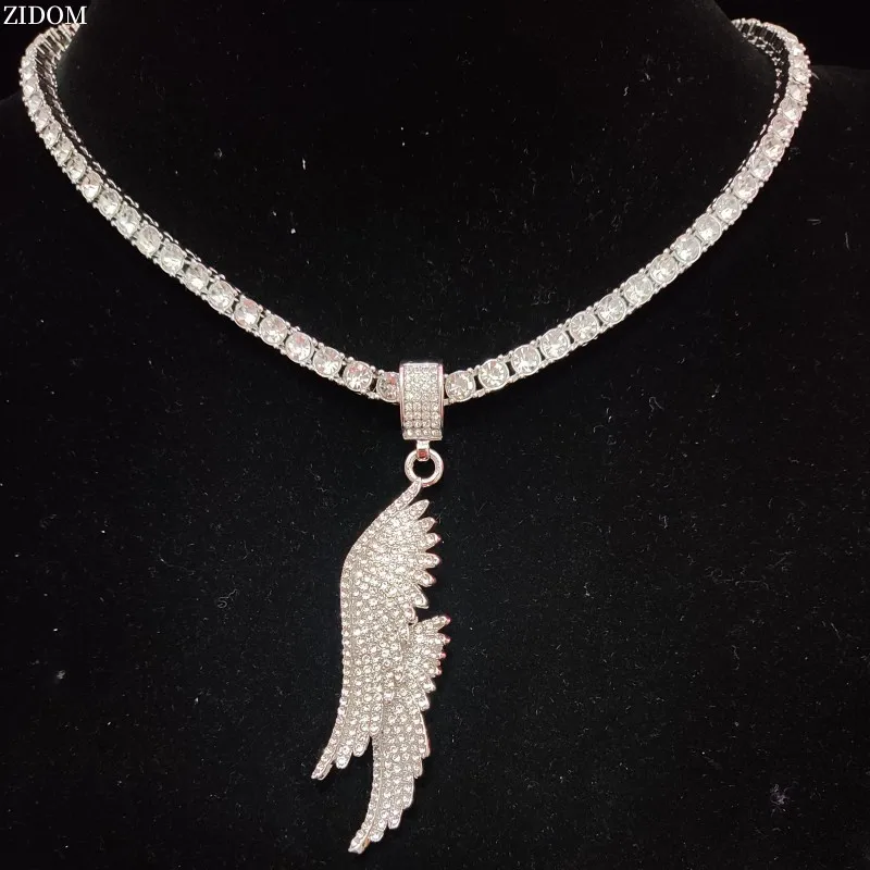 Men Women Hip Hop Wing Pendant Necklace with 4mm Tennis Chain Iced out ...
