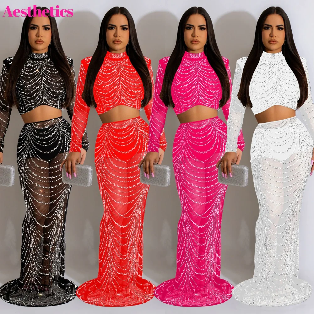 Luxury Evening 2 Piece Set Diamond Tassel Mesh Maxi Skirt Long Sleeve ...