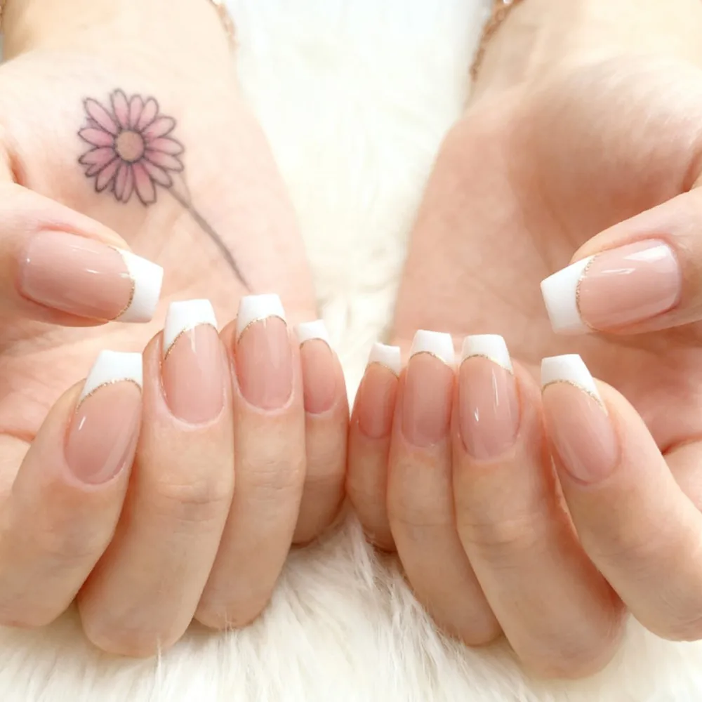 24Pcs Glossy Natural French Press On Fake Nails With Jelly Glue ...