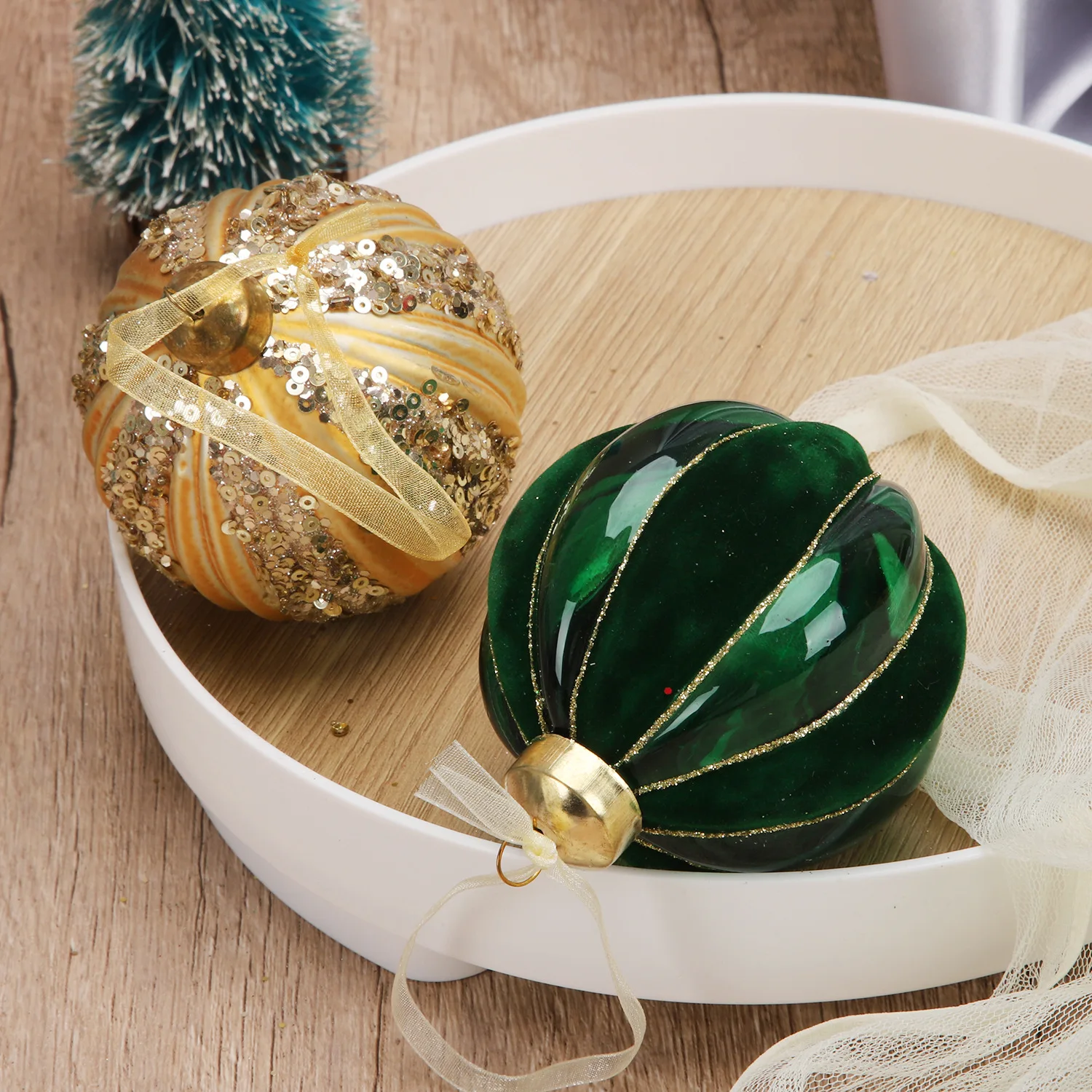 Striped Flocking Green Glass Ball, Christmas Ornaments, New Year ...