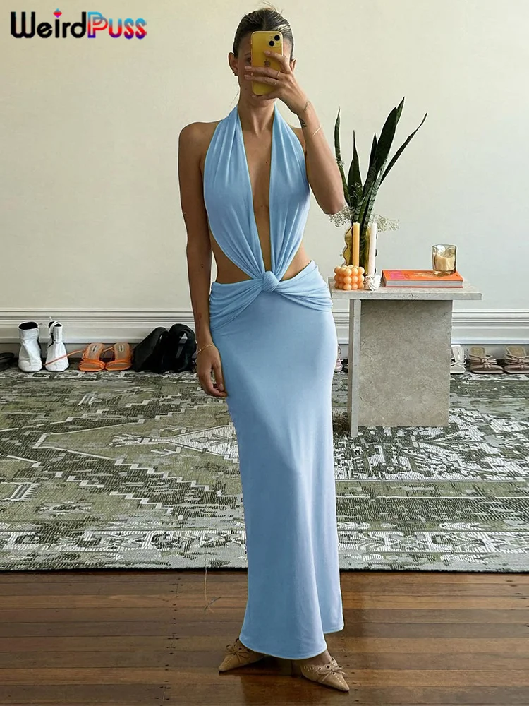 Weird-Puss-Knot-Halter-Dress-Woman-Summer-Sexy-Solid-Backless-Straps ...