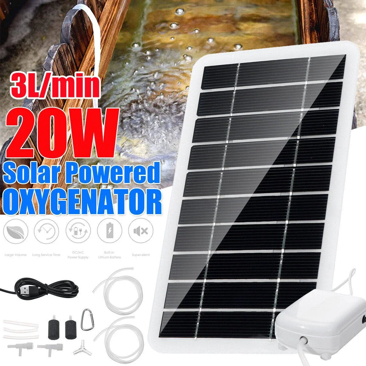 20W Solar Power Oxygenator 5V Water Oxygen Pump Pond Aerator Aquarium ...