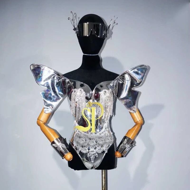 Tech-Style-Gogo-Dancer-Costume-Silver-Butterfly-Sleeves-Bodysuit-Women ...