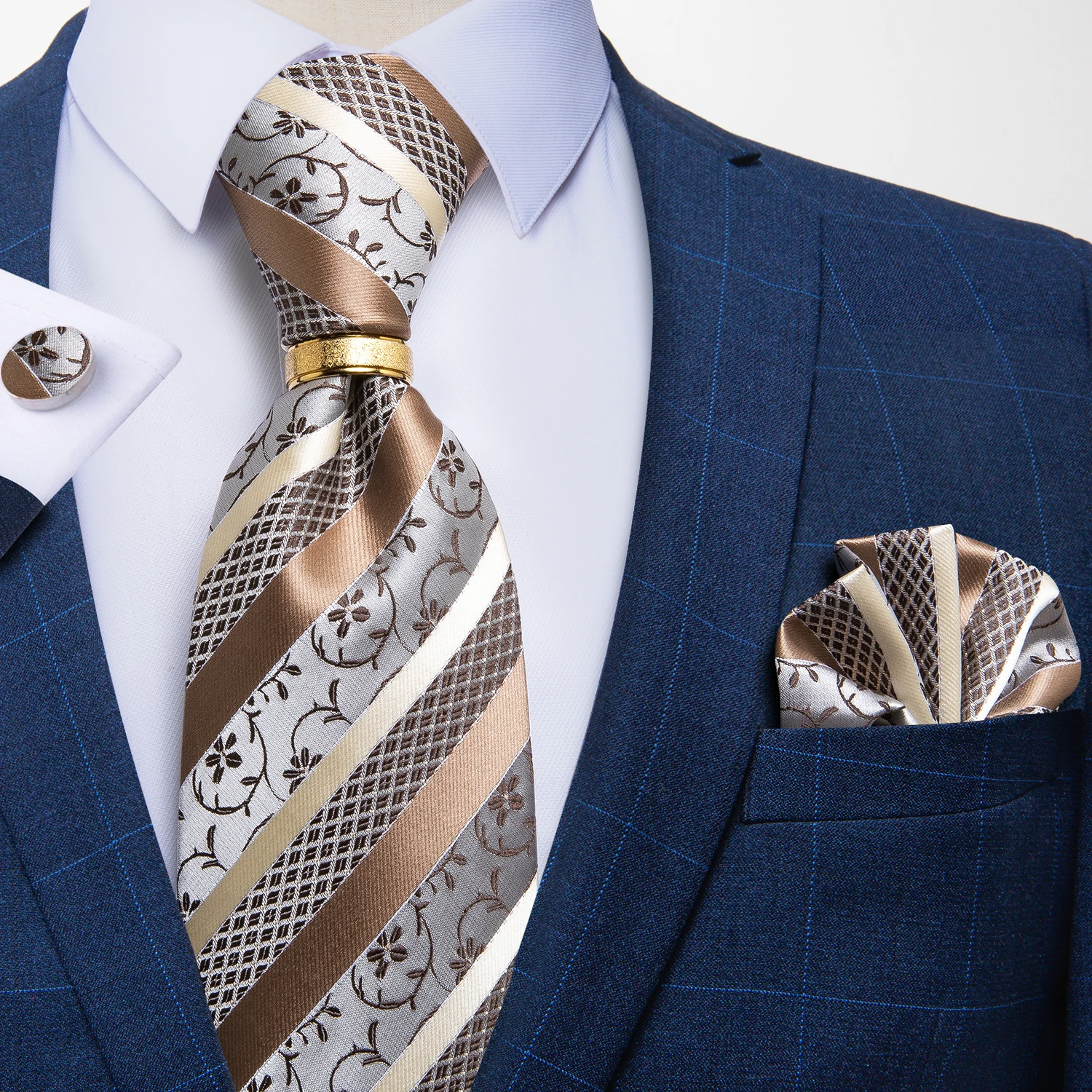 Men Tie with Golden Color Metal Ring Fashion 8cm Tie Set Handkerchief ...