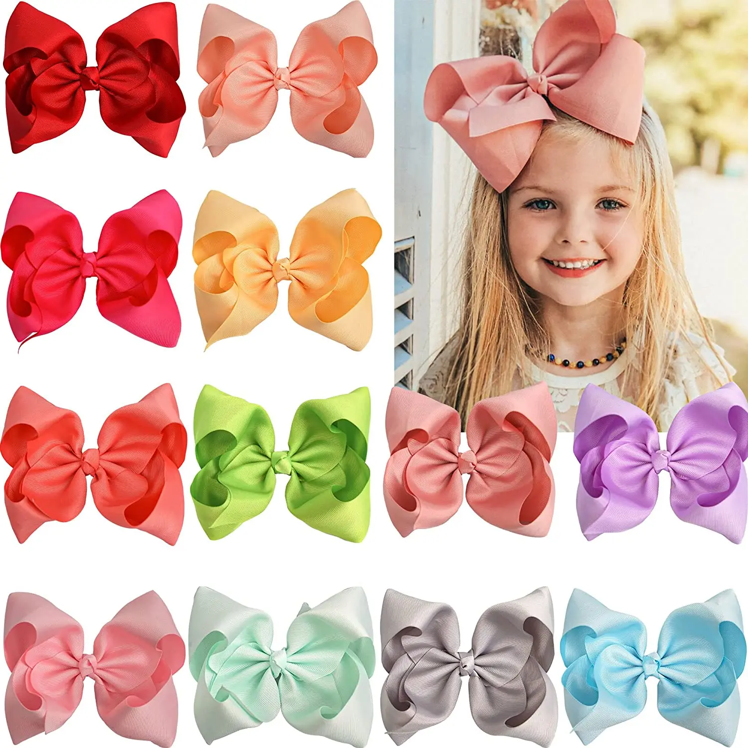 12 Pcs 8" Grosgrain Ribbon Large Bows Durable Metal Alligator Clip No ...