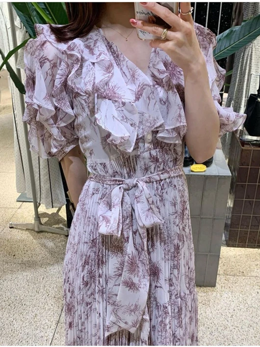 Sweet Floral Ruffles Chiffon Dress Women V Neck Short Sleeve Slim Waist ...