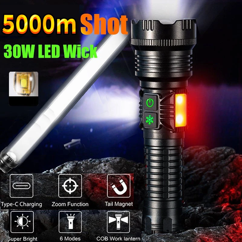 High-Power-LED-Flashlight-Torch-with-30W-Wick-and-Double-Side-Lights ...