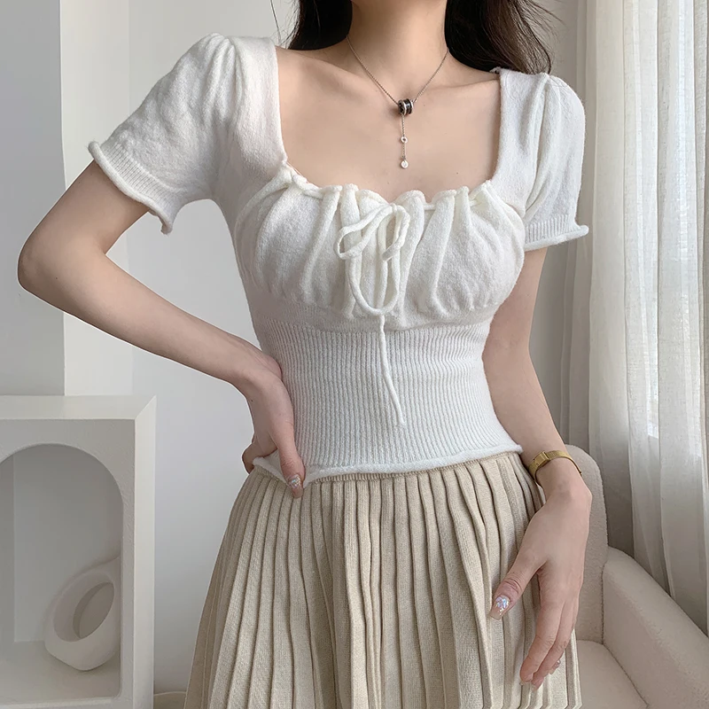 Summer-Short-Sleeve-Knitted-Tops-Women-French-Style-Square-Collar-Lock ...