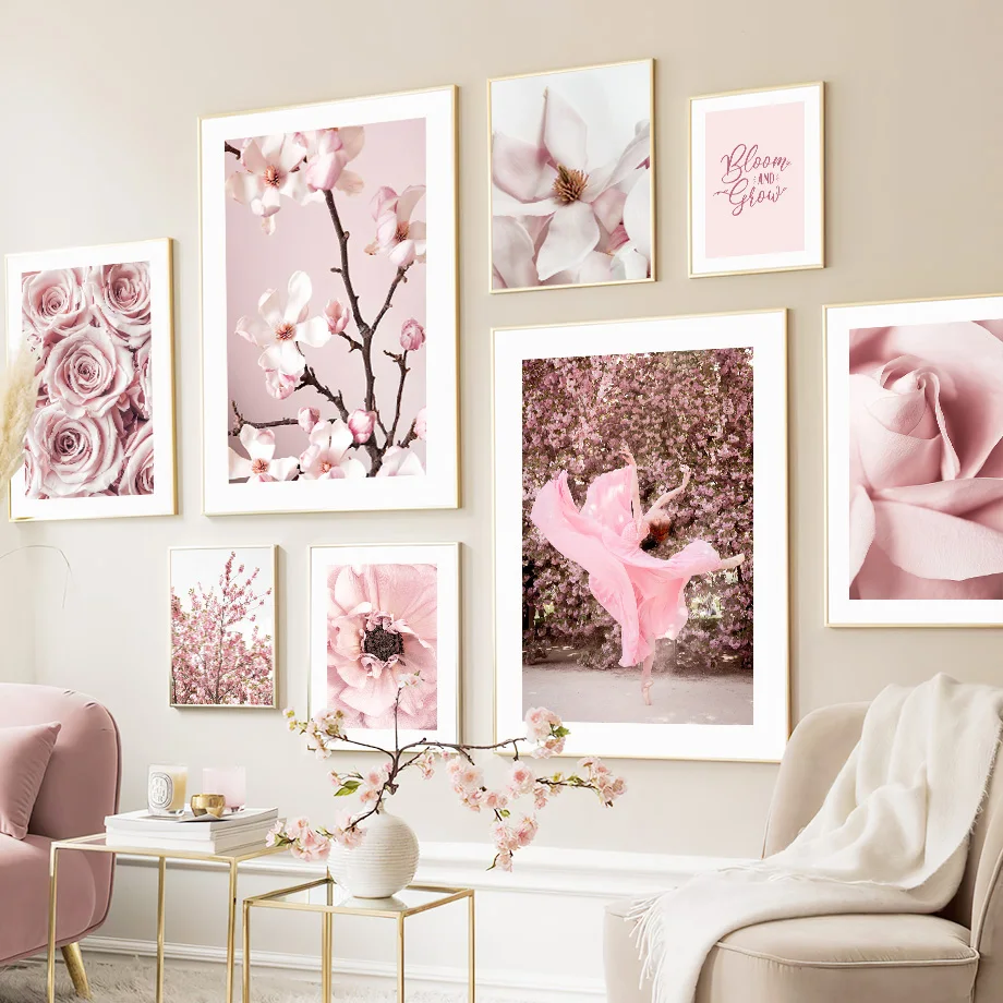 Pink Ballet Girl Cherry Blossom Rose Peony Flower Canvas Painting ...