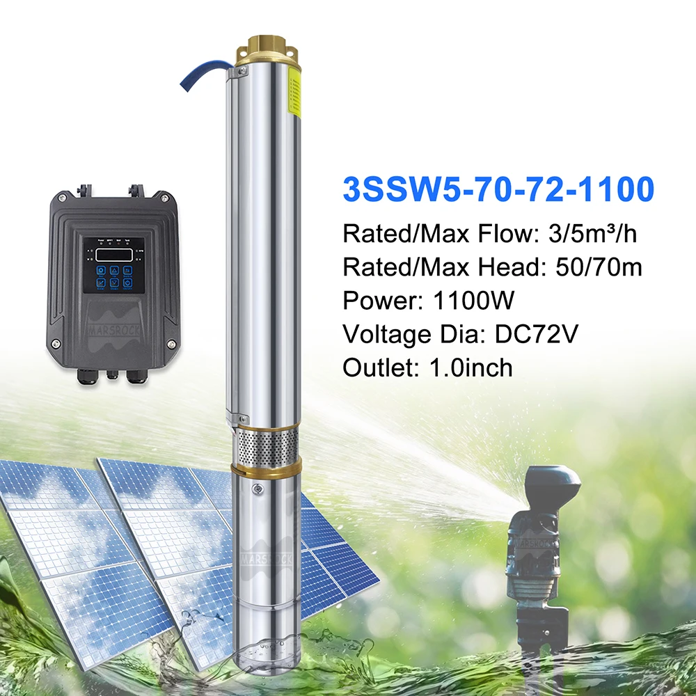 1100W DC72V 3 Inch Solar Brushless Deep Well Water Pump Head Max 70M Stainless Steel Submersible ...