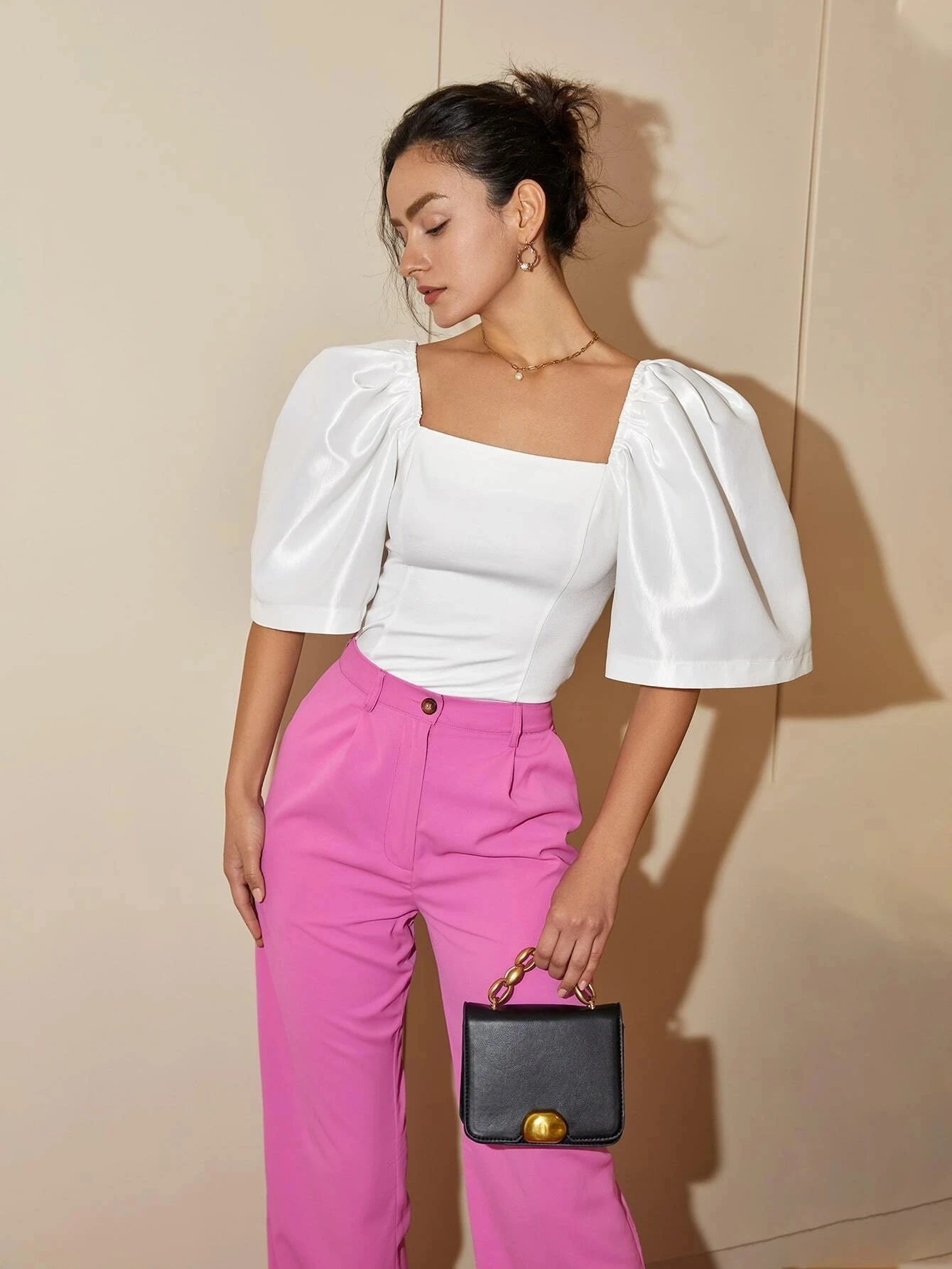 AEL-Square Neck Puff Sleeve Blouse for Women, Casual Top, Slim Fit ...