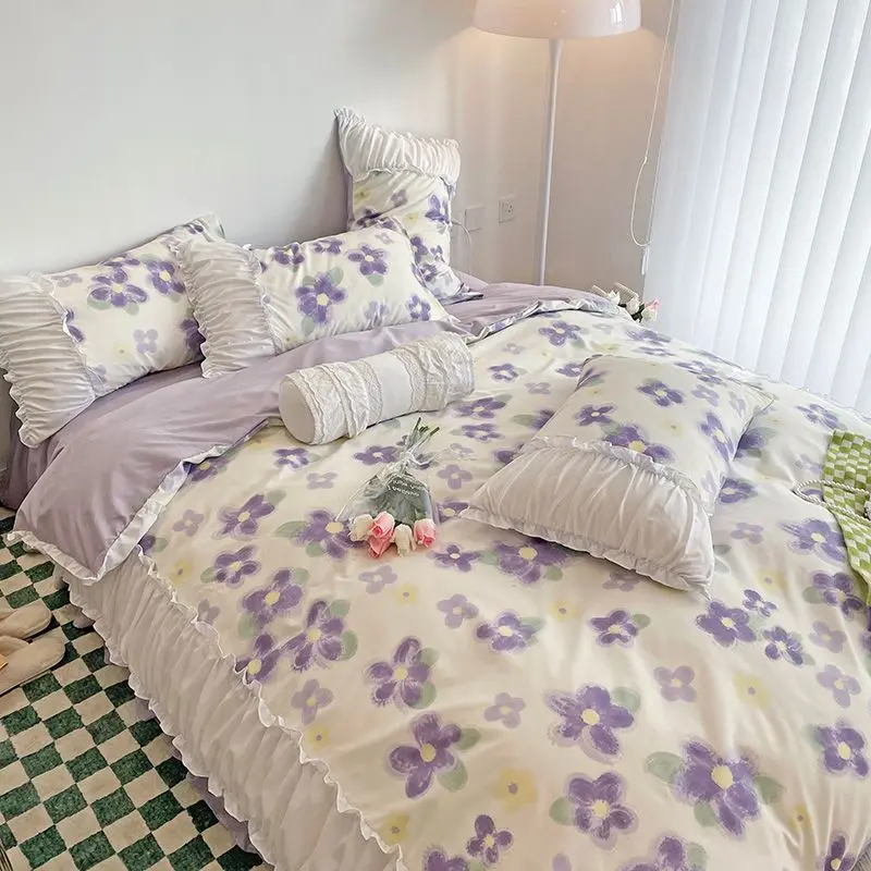 Korean-Style-Floral-Bedding-Set-Double-Bed-Linens-Princess-Duvet-Cover-Pillowcase-Single-Twin ...