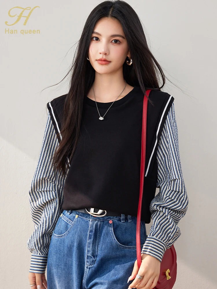 H-Han-Queen-Autumn-Clothing-Striped-Quilting-Basic-T-Shirts-Women ...