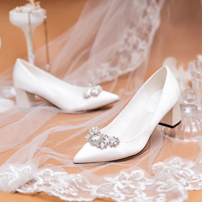White-Wedding-Shoes-Thick-Heel-Bridal-Shoes-Rhinestone-Pointed-Toe-Mid ...