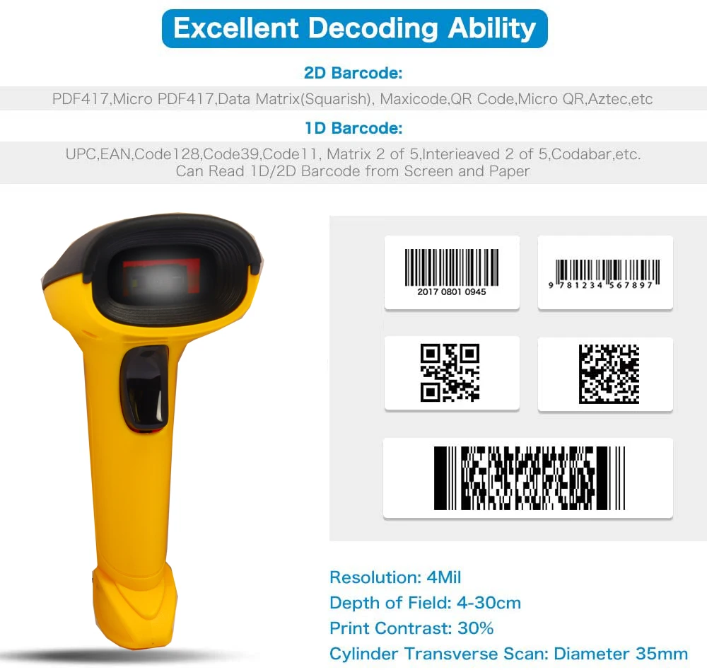 KEFAR – Scanner de codes-barres sans fil portatif, Bluetooth, lecteur de codes QR 2D, pour la ...