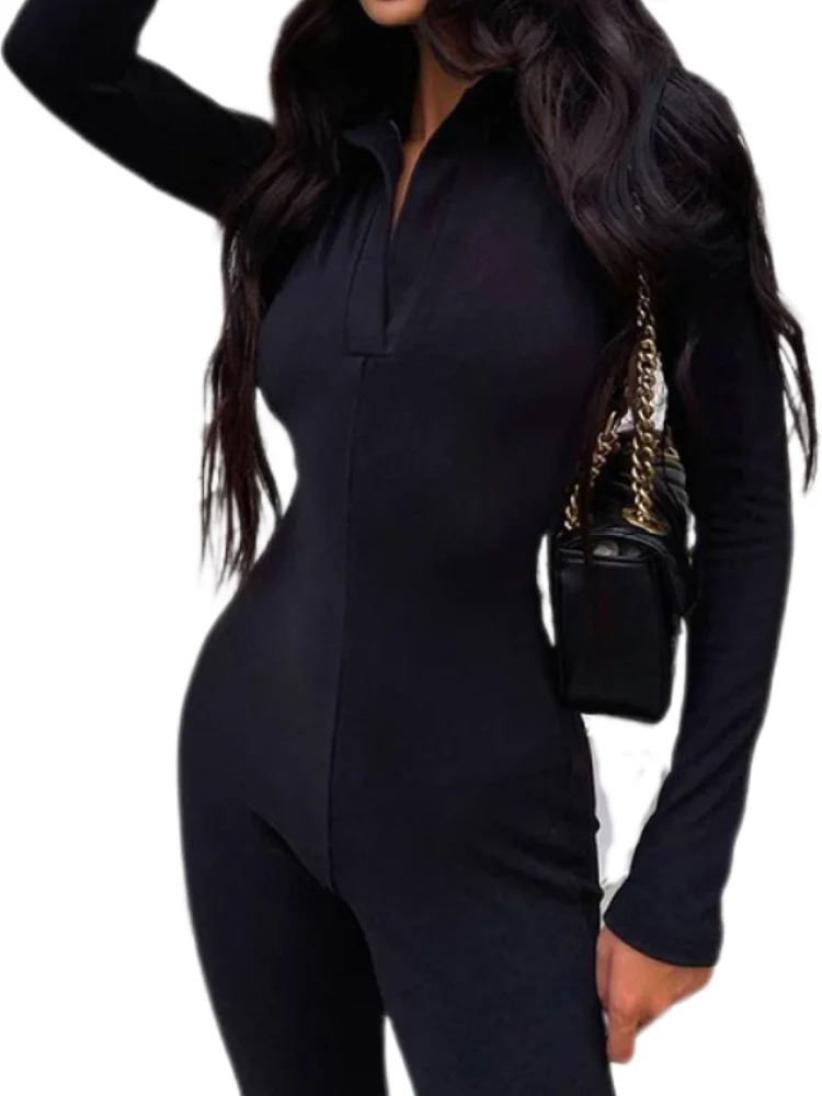 Solid Color Jumpsuits Women Long Sleeve Flare Pants Jumpsuit 2022 Autumn Femme Turn-down Collar ...