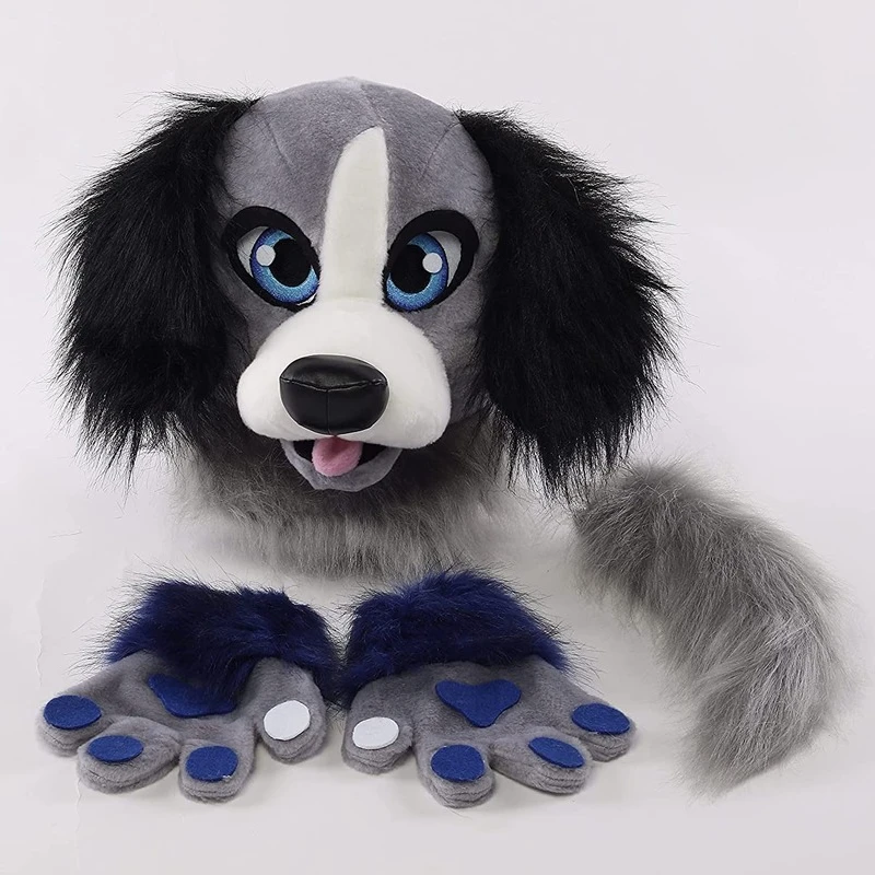 Grey Dog Fursuit Head for Kids 9-15 Old Realistic Plush Pug Fursuit ...
