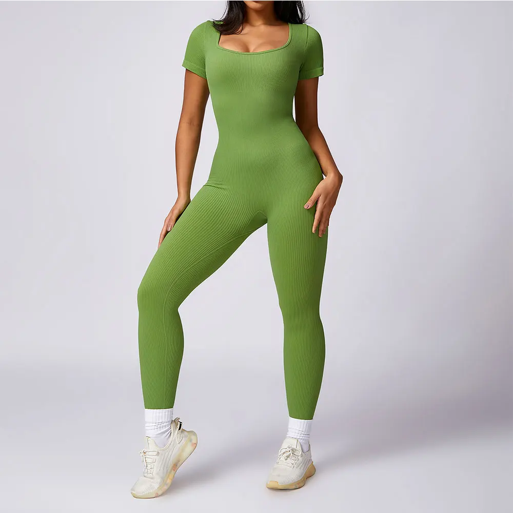 Yoga-Set-Women-s-Ribbed-Jumpsuits-One-Piece-Suit-Short-Sleeve-Gym ...