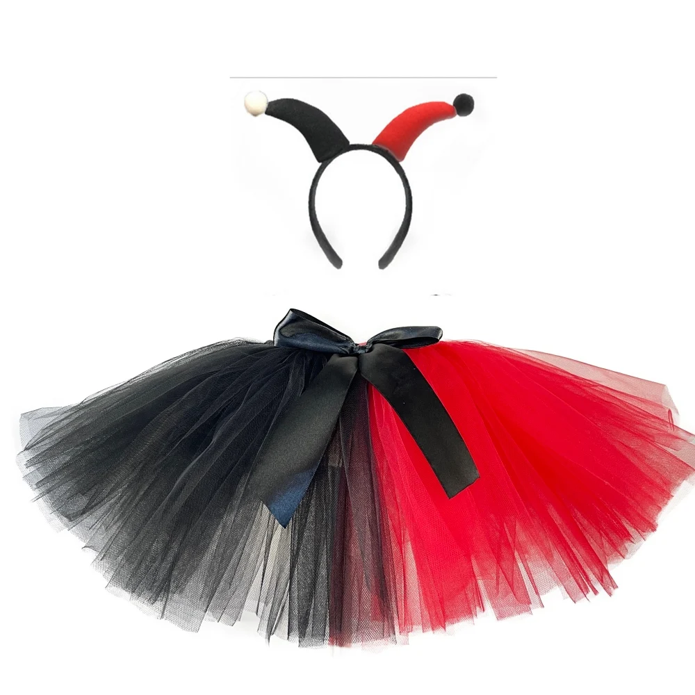 Girls Clown Tutu Skirts Halloween Costume for Kids Baby Red Black Tulle ...