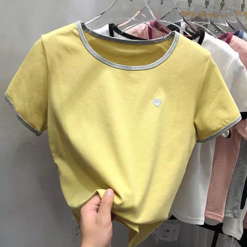 EasyCore Girl Pure Cotton Color contrast Embroidery Heart T shirt ...