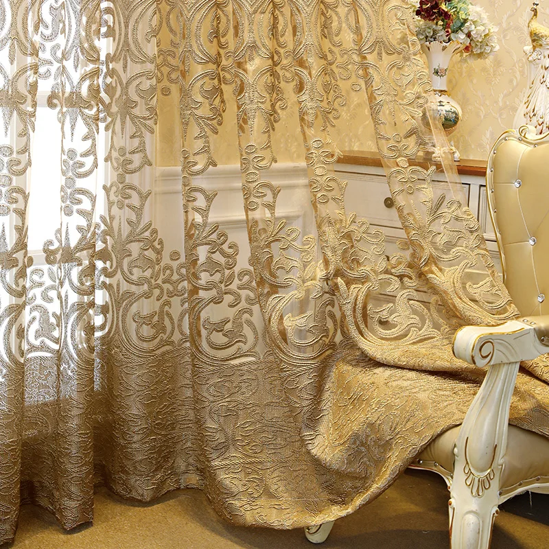 Luxury Embroidered Tulle Curtains for Living Room Hollow Out Gold ...